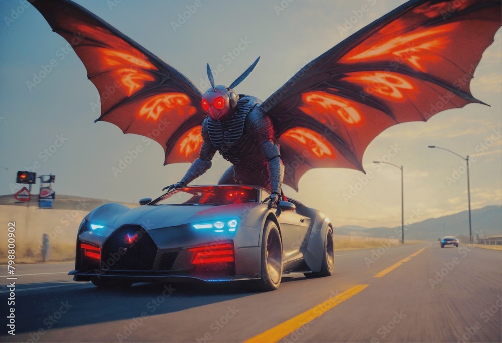 Photorealistic humanoid mothman with black body and red glowing eyes ...