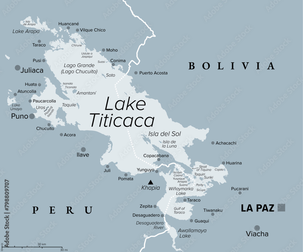 Lake Titicaca, gray political map. Large freshwater lake in the Andes ...