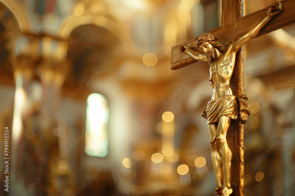 Golden crucifix with Jesus in Catholic church, blurred backdrop Stock ...