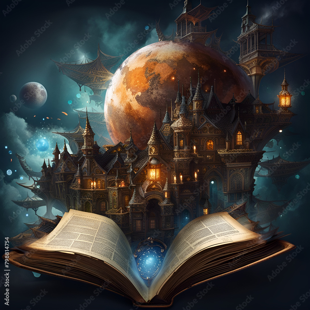 Fantasy world rising from the pages of an open. Concept of reading ...