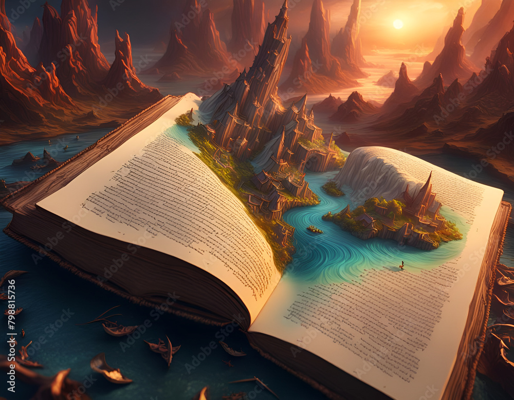 Fantasy world rising from the pages of an open. Concept of reading ...