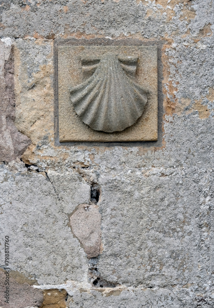 Scallop shell symbol on a church along the Camino de Santiago ...