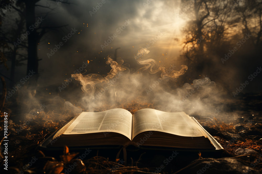 Une Bible ouverte avec la croix de Jésus-Christ devant, entourée de ...