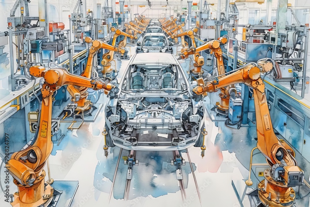 Overhead view of a car assembly line where multiple robotic arms work ...