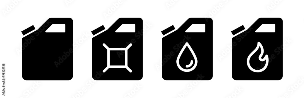 Benzine canister black icon set. Petrol tank filled symbol. Fuel ...