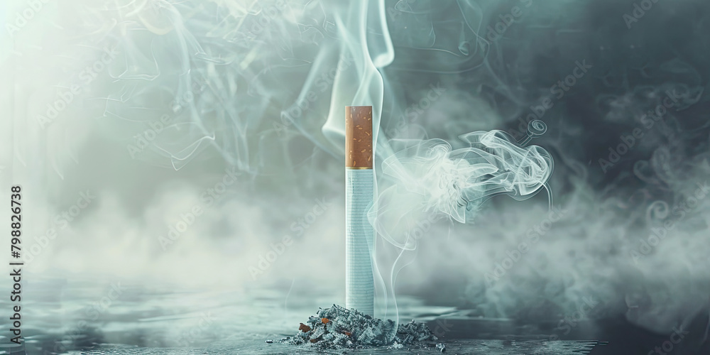 Extinguished cigarette standing on dark surface with rising smoke and ...