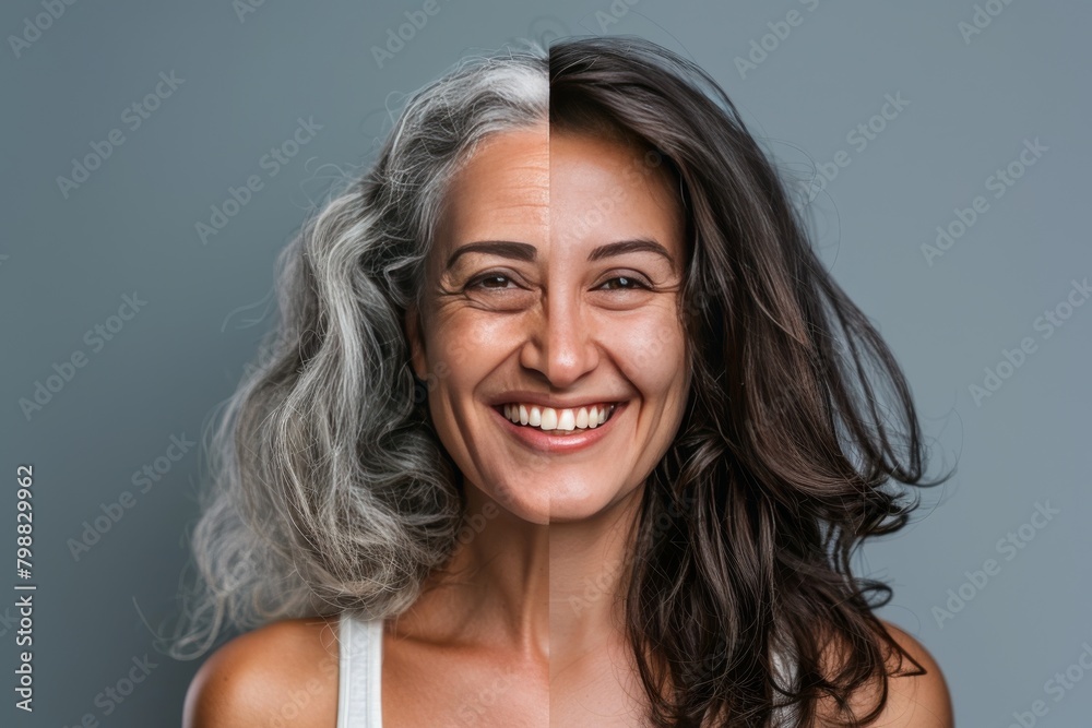 Old woman combats aging with scalp smoothing techniques, contrasting ...