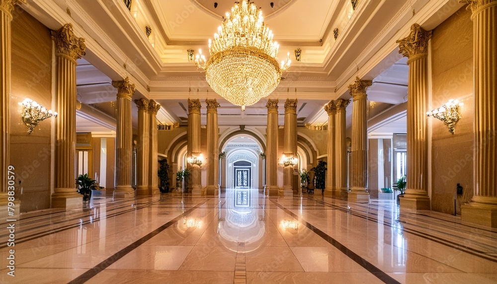 A grand entrance hall of a luxury mansion. The marble floor reflects ...