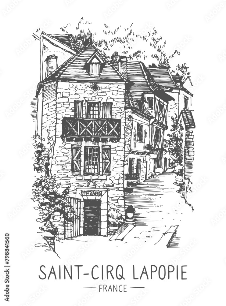 Vector sketch of Saint-Cirq Lapopie, France. Hand drawing of old town ...