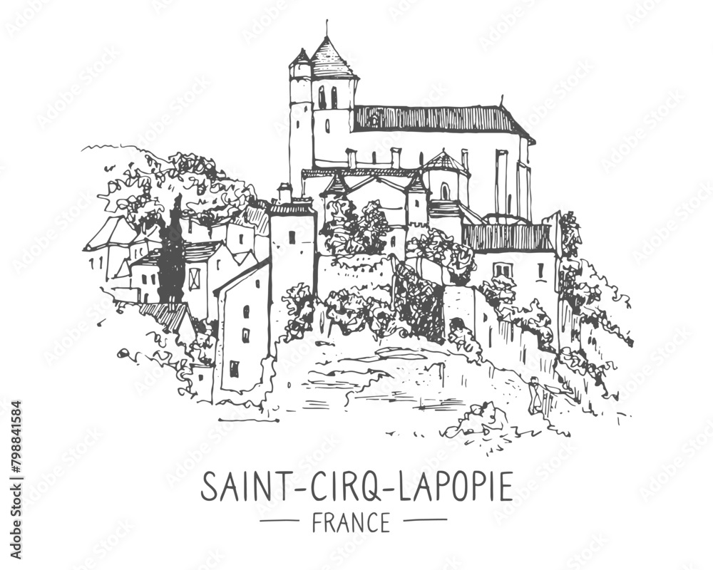 Vector travel sketch of Saint-Cirq-Lapopie, France. Hand drawing of ...