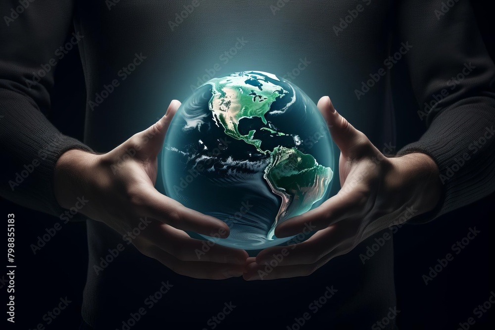 Dramatic 3D scene of a hand cupping the Earth, with a shield barrier ...