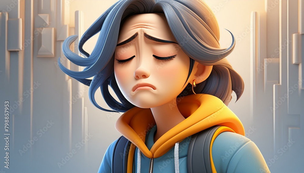 Sad upset disappointed depressed Asian cartoon character girl young ...