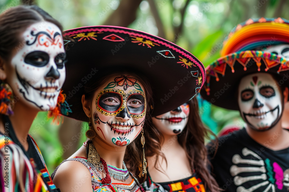 Cinco de Mayo. group of people wearing Mexican skull face paint for ...