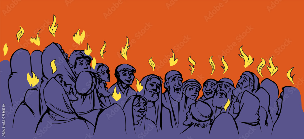 Vector drawing. Pentecost day. Many people came together for praying ...