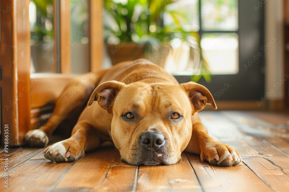 Sleepy yellow labroador lazily blinks sleeping on blanket, close-up ...