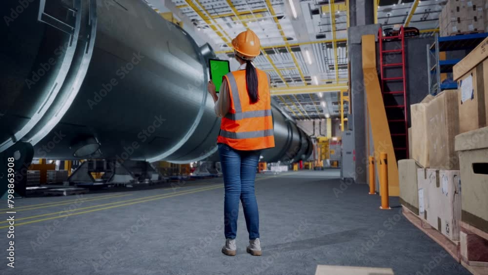 Full Body Back View Of Asian Female Engineer With Safety Helmet Working ...