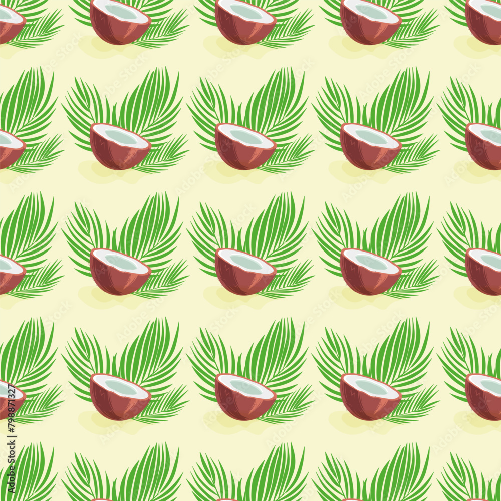 Seamless pattern with half a coconuts and palm leaves. Summer ...