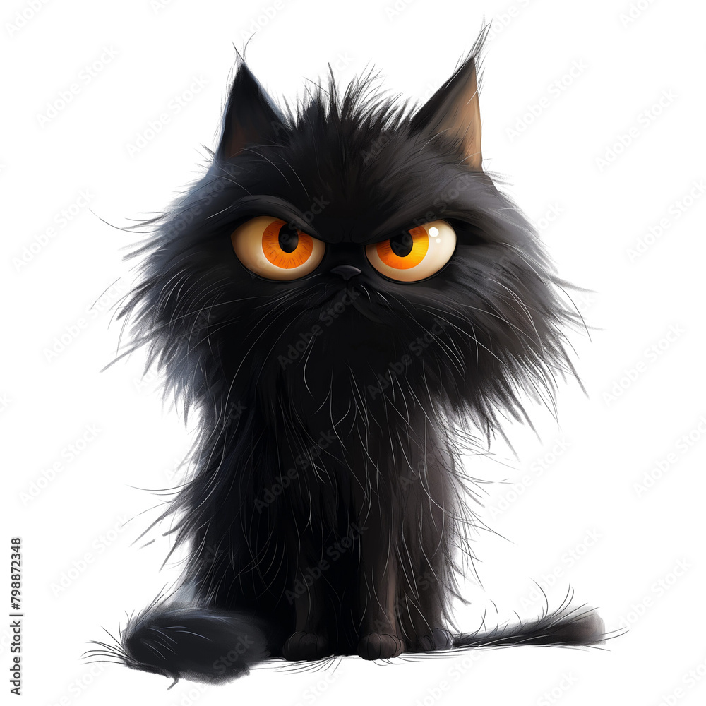 chat noir et blanc ébouriffé, style cartoon, mascotte, énervé, visage ...