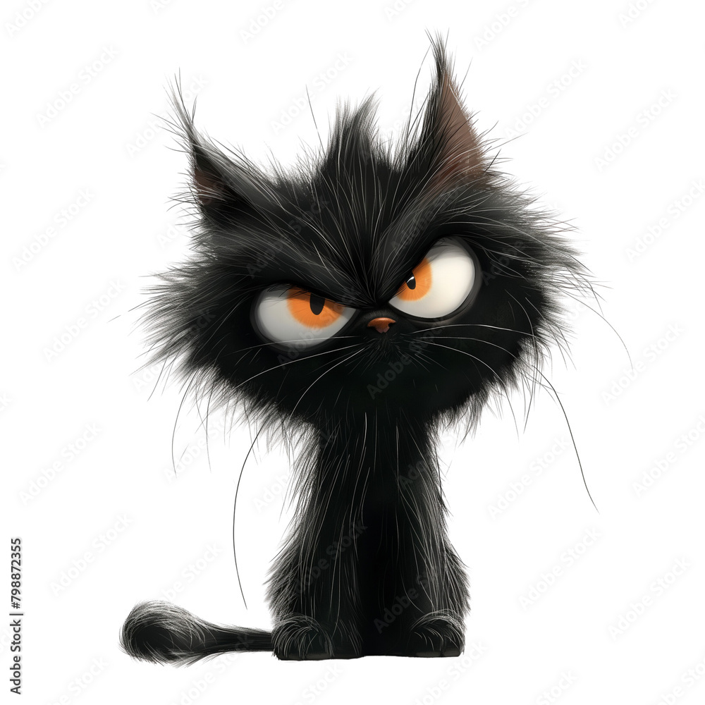 chat noir et blanc ébouriffé, style cartoon, mascotte, énervé, visage ...