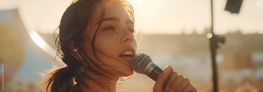 Stunning skinny young woman model singing in microphone, face , Pop ...