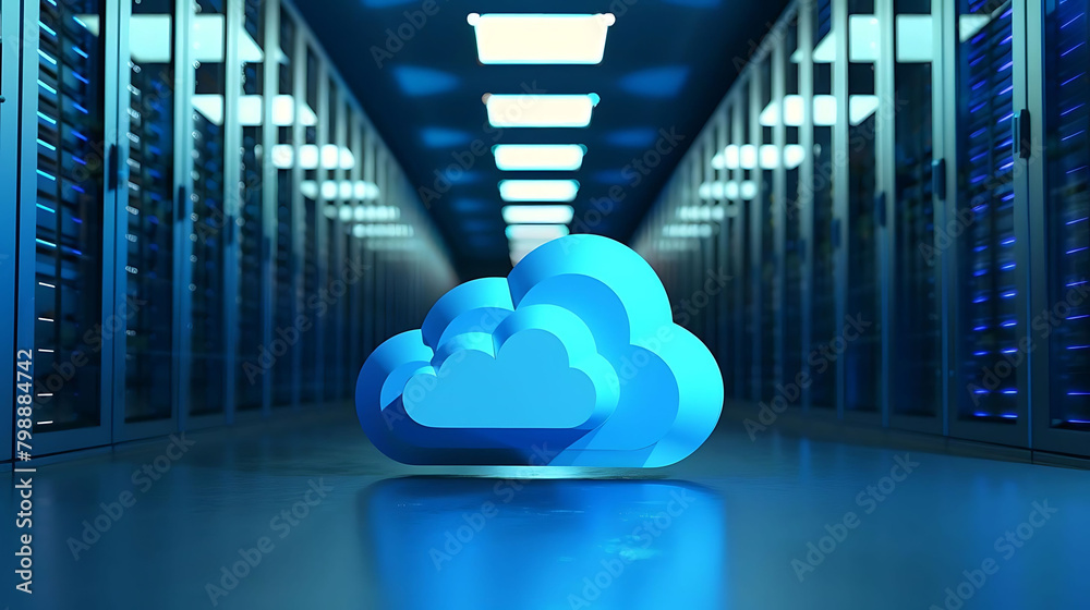 cloud computing in a server room with blue ceiling and shiny floor ...