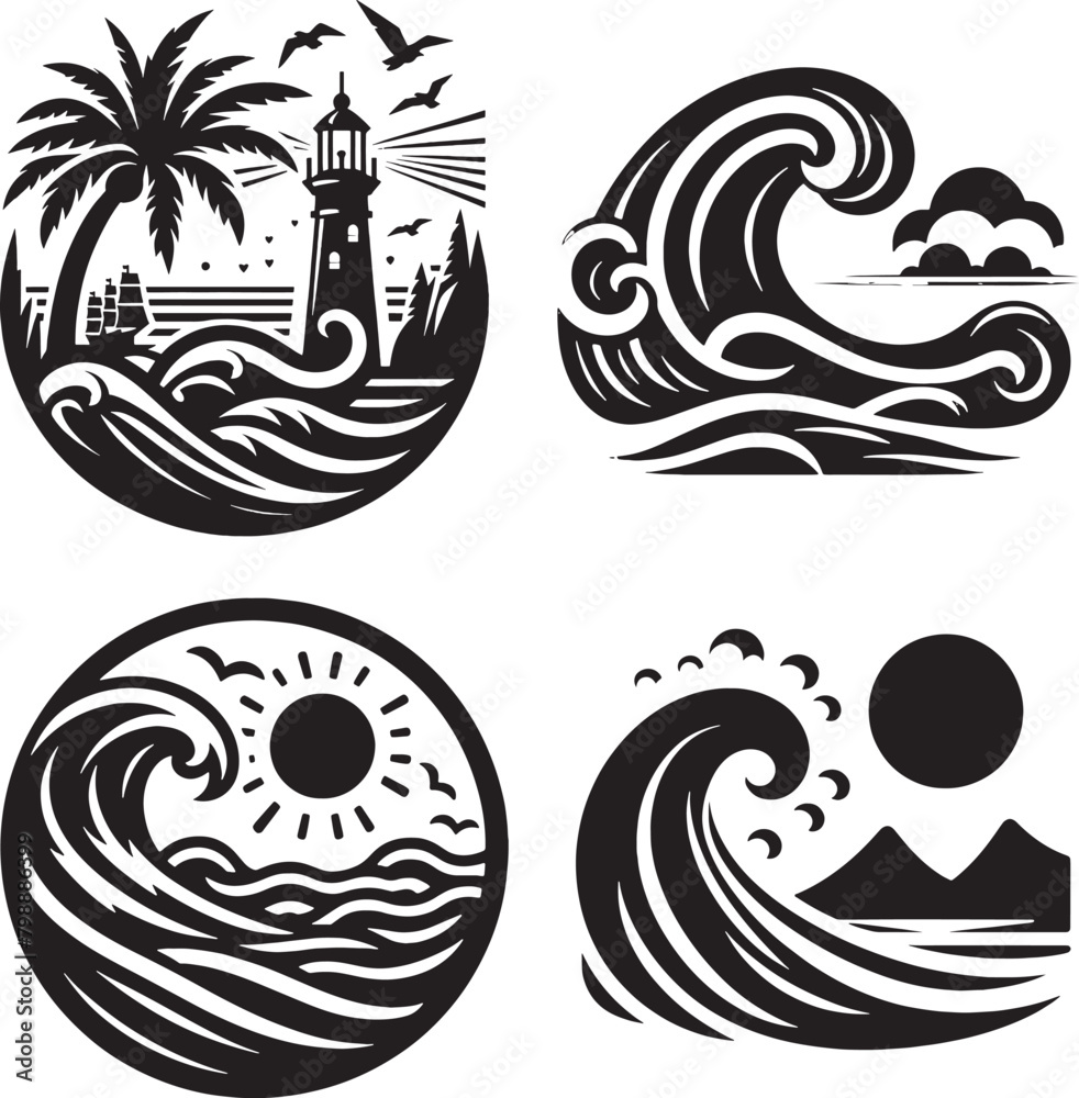 set of sea wave sunset logo icon silhouette symbols clipart, sunset ...