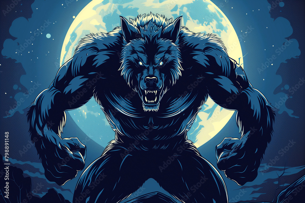 Vector Illustration of Angry Werewolf Transforming Under Full Moon ...