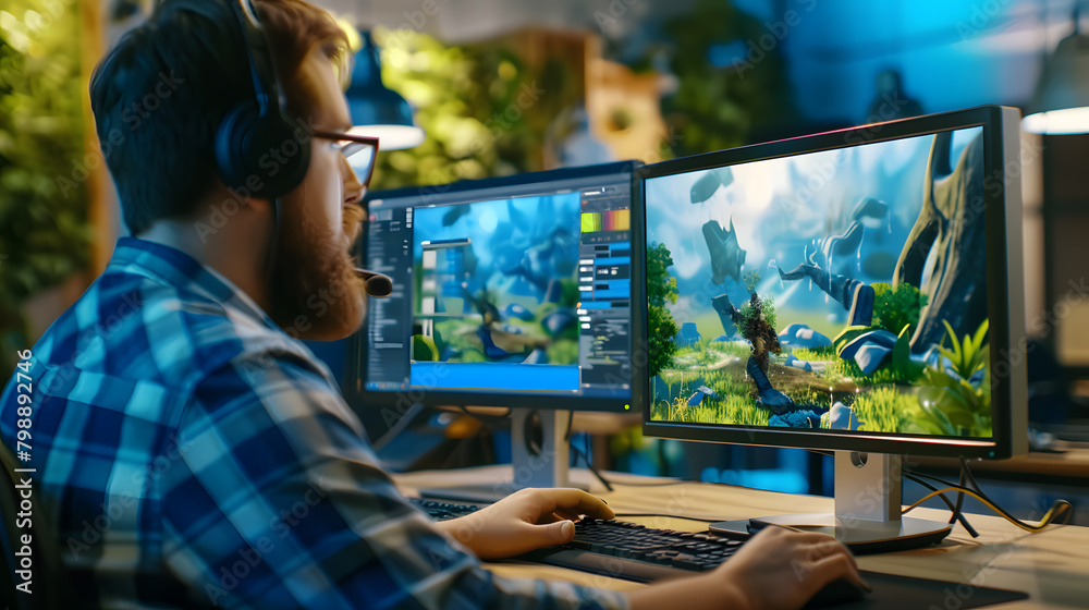 Caucasian Male Game Designer Using Desktop Computer With 3D Modeling ...