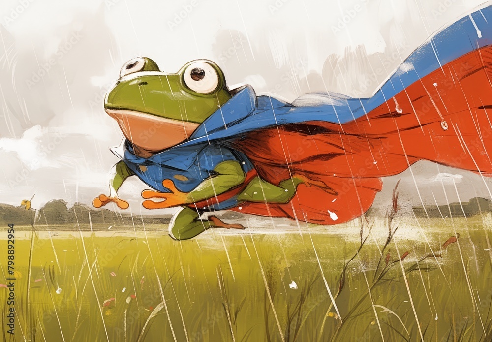 A frog dressed as an epic superhero, red and blue cape, big eyes ...