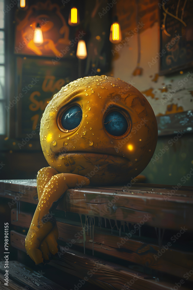 A photo of a sad smiley face emoji looking out a window. The emoji is ...