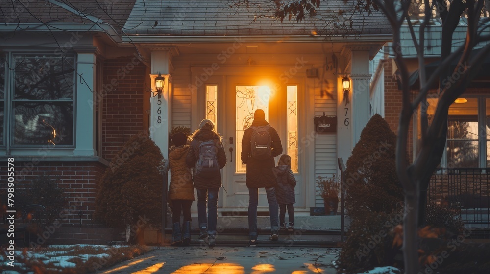 A family saying goodbye at the front door as parents head off to work ...