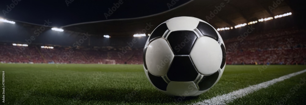 Socker ball on the field of a football stadium, opening of games ...
