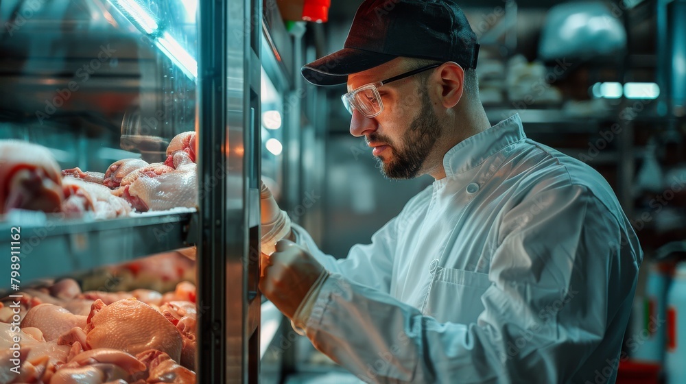 An inspector checking frozen chicken products for foreign objects and ...