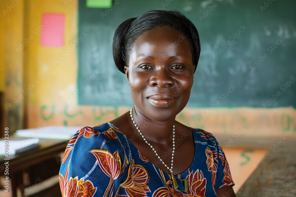Professional african teacher smiles warmly in a classroom setting ...