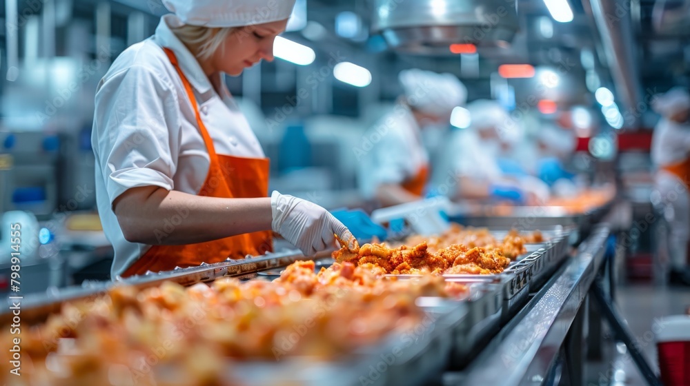 A production line at a poultry factory where chickens are being ...