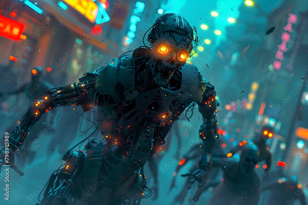 Futuristic Cyborg Sprinting from Neon-Infused Zombie Swarm in Dynamic ...