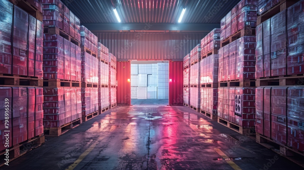 A refrigerated shipping container loaded with pallets of frozen chicken ...