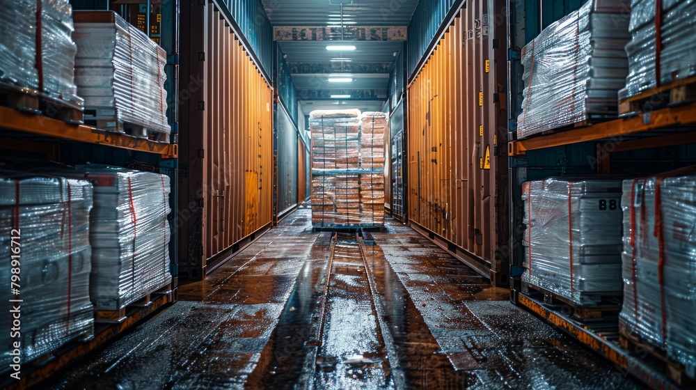 A refrigerated shipping container loaded with pallets of frozen chicken ...