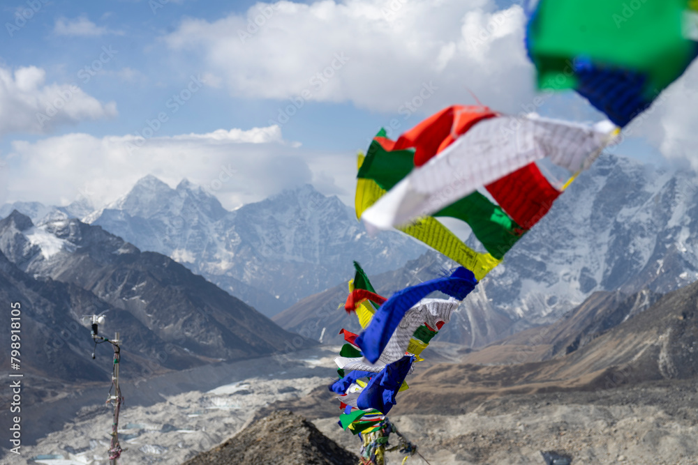 The five-colored flags seen in the Himalayas have many meanings Stock ...