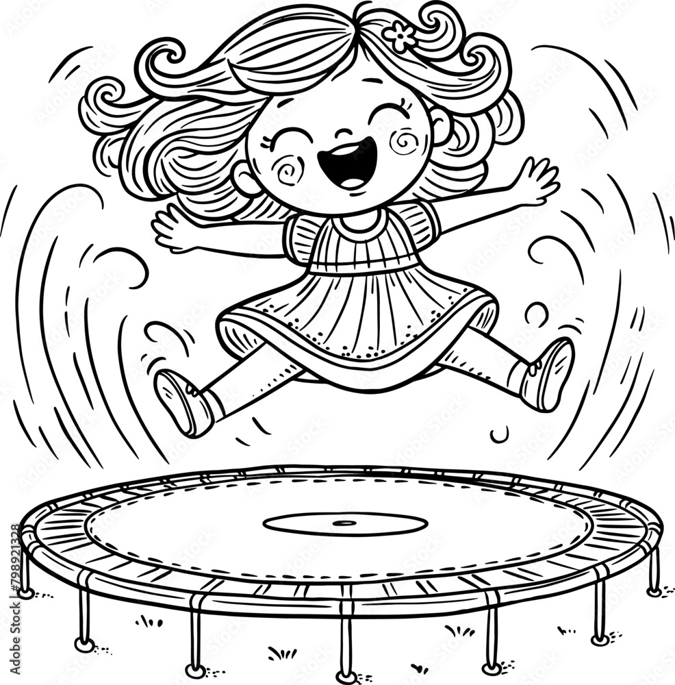 Cartoon happy girl jumping on trampoline. Kid outdoors activities ...