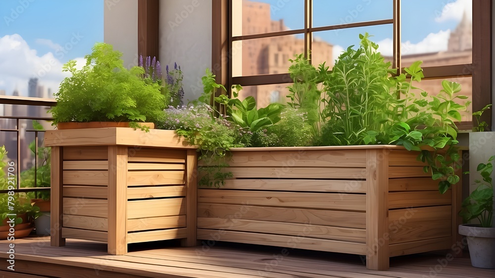 Imaginary scene of herbs growing in a wooden planter box on a balcony ...