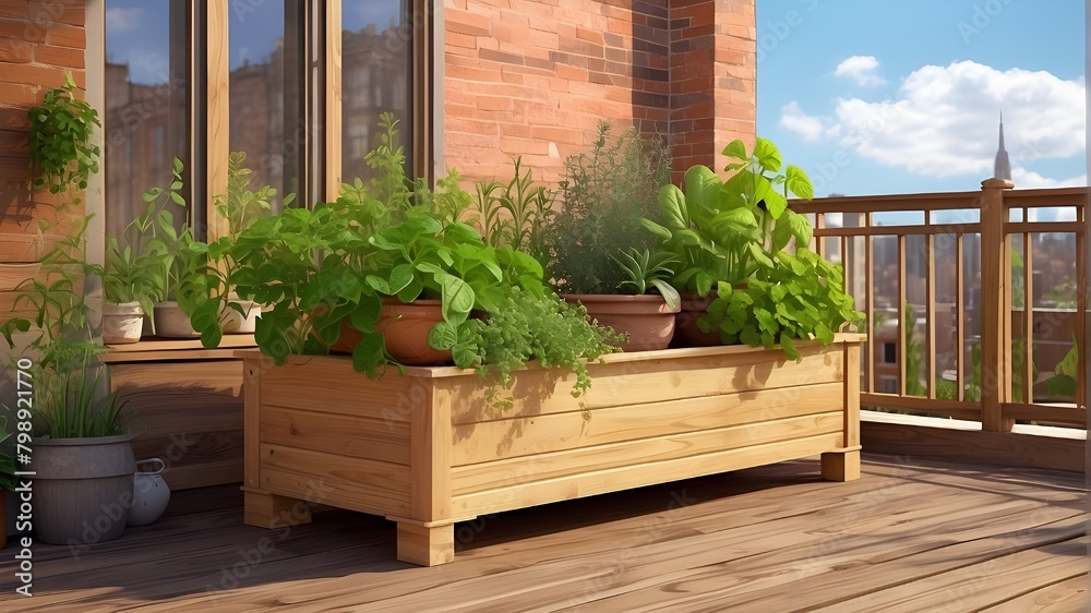 Imaginary scene of herbs growing in a wooden planter box on a balcony ...