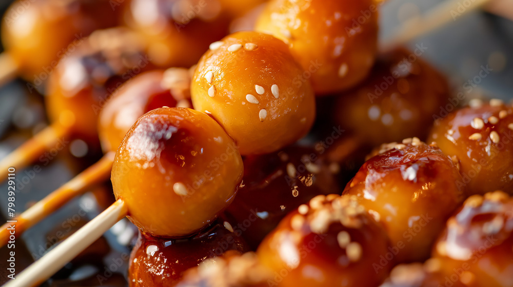 Delicious glazed mitarashi dango skewered and served, highlighted by a ...