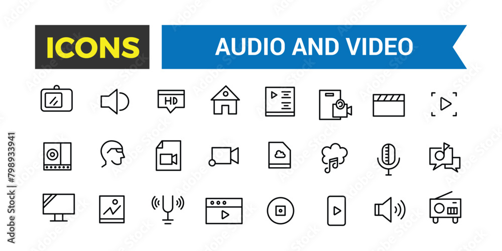 Audio and Video Icons Pack, Thin Line Icons Set, Flat Icon Collection Set, Simple Vector Icons ...