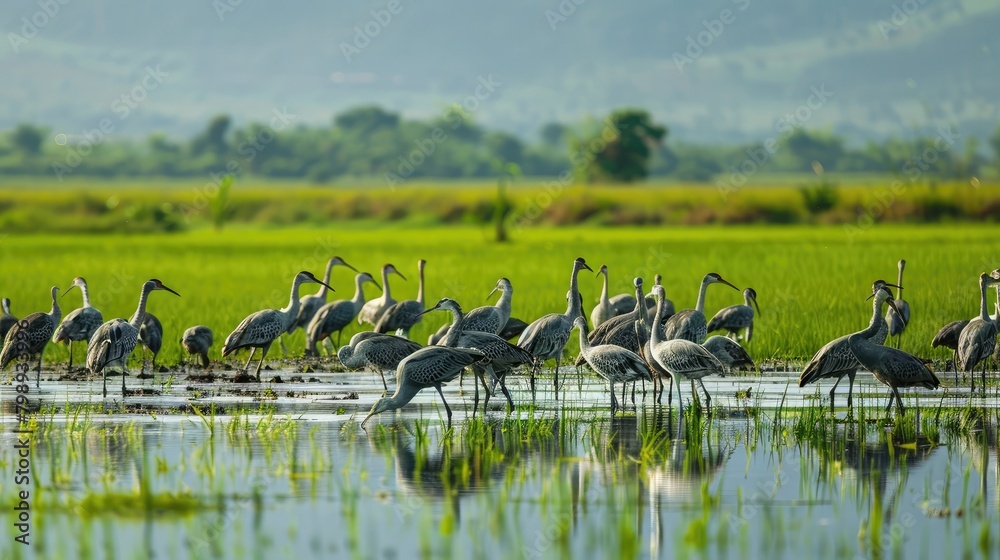 flock of migratory birds foraging for food in a flooded rice field ...
