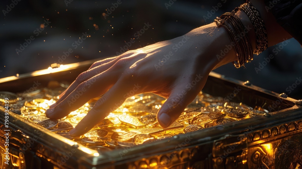 hand reaching out to touch a golden chest, conveying the allure and ...