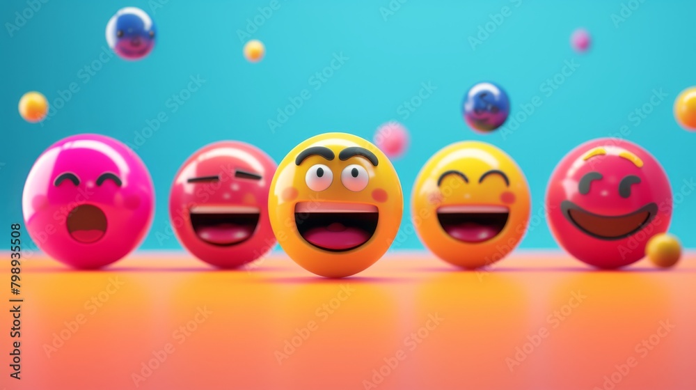 Variety of realistic emoji faces in 3D detail arranged against a ...