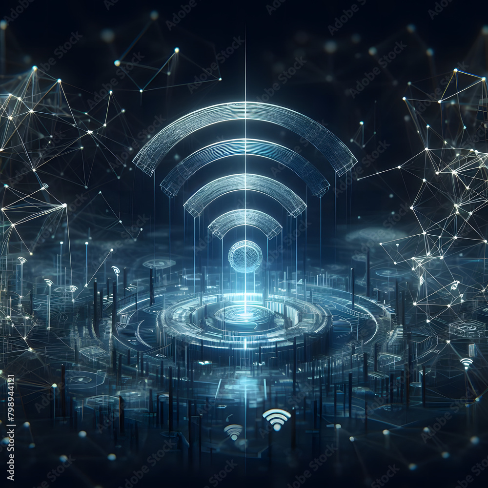 3D conceptual illustration of a central WiFi symbol connected to ...