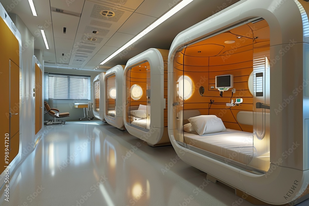 Modular Treatment Pods in modern hospital. Adaptable spaces or boxes ...