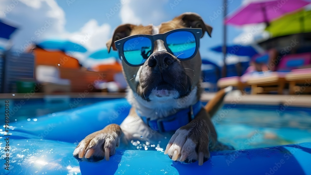 Dogs in Sunglasses Having Fun Swimming in Pools and Beaches, Bringing ...